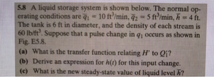 Solved 5.8 A liquid storage system is shown below. The | Chegg.com