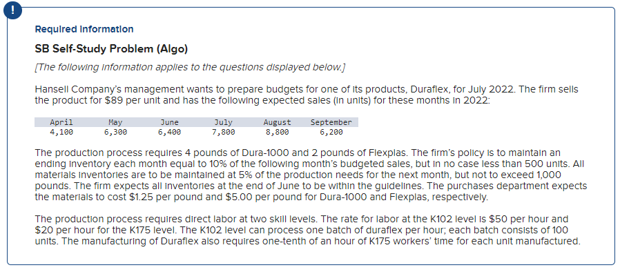 Solved Required Information SB Self-Study Problem (Algo) | Chegg.com