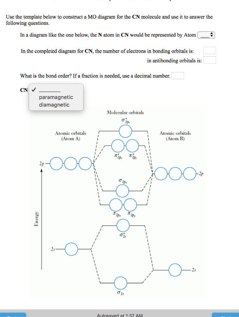 Solved Use the template below to construct a MO diagram for | Chegg.com