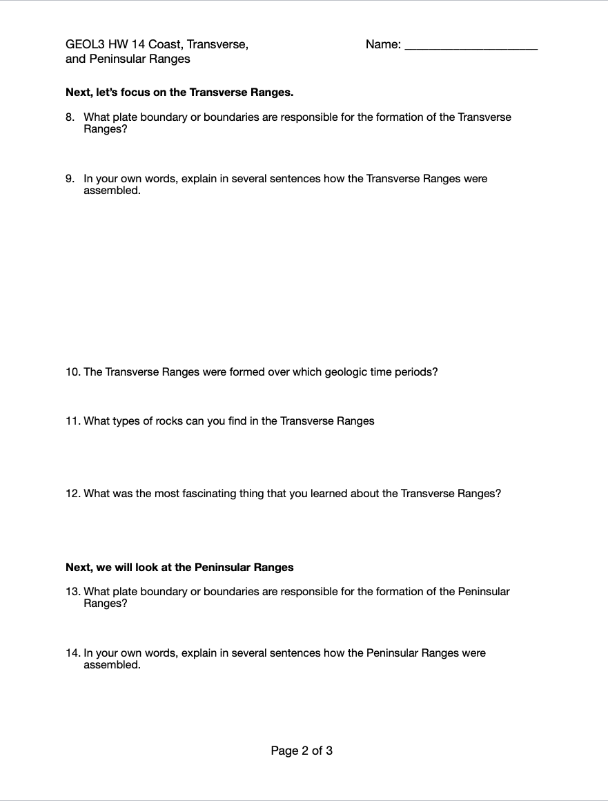 Solved GEOL3 HW 14 Coast, Transverse, Name: and Peninsular | Chegg.com
