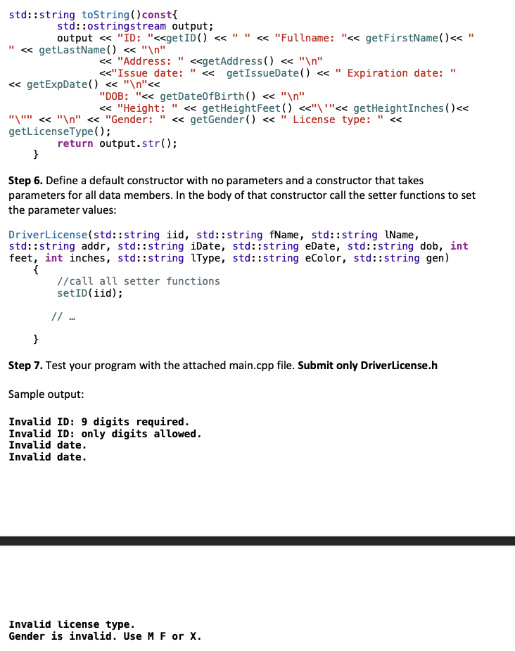 Solved Part I- DriverLicense.h (50 points) DriverLicense | Chegg.com