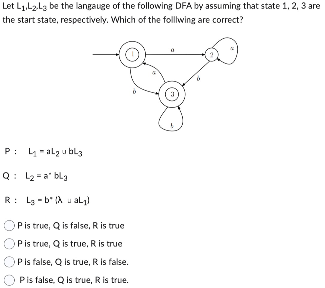 Solved Let L1,L2,L3 be the langauge of the following DFA by | Chegg.com