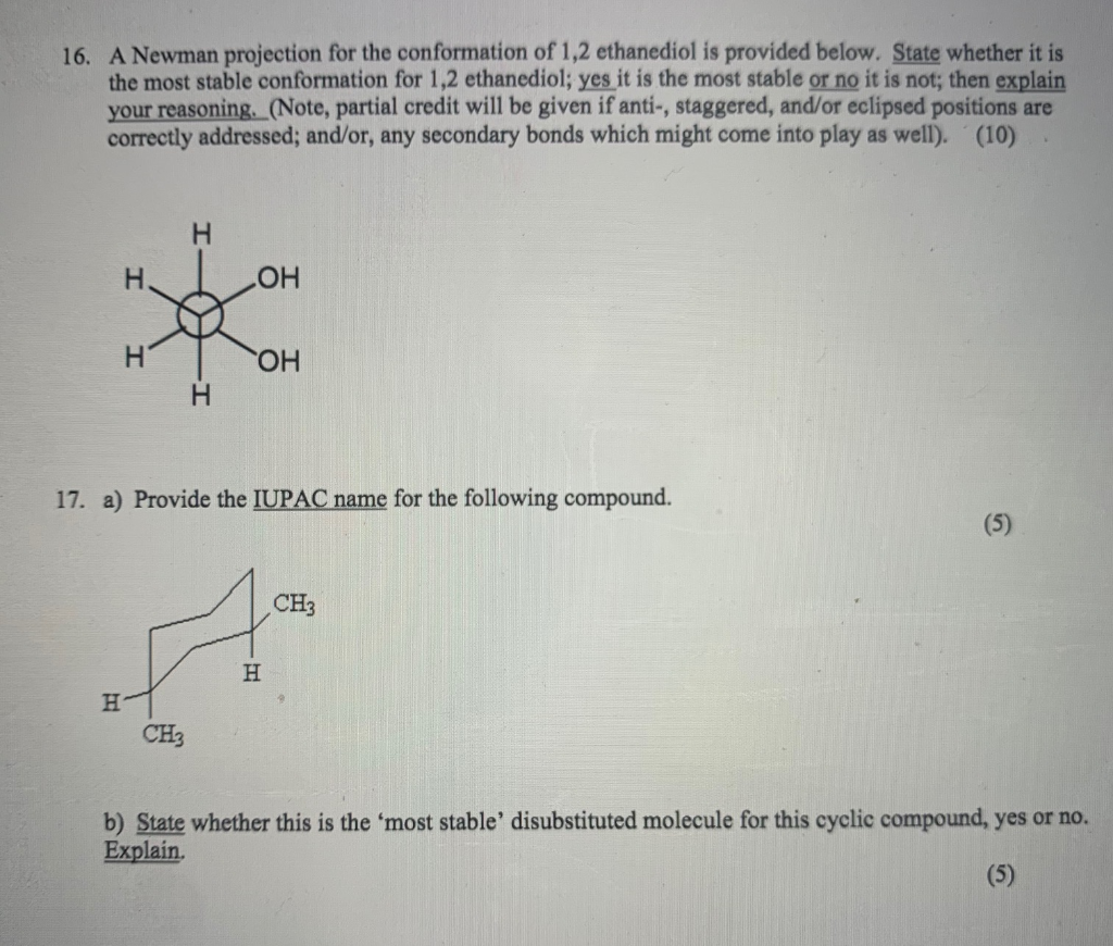Solved 16. A Newman projection for the conformation of 1,2 | Chegg.com