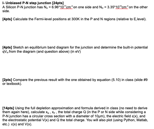 Solved I- Unbiased P-N step junction [24pts]A Silicon P-N | Chegg.com