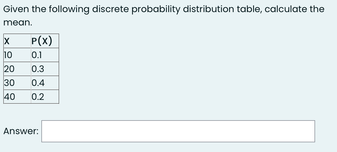 Solved Given the following discrete probability distribution | Chegg.com