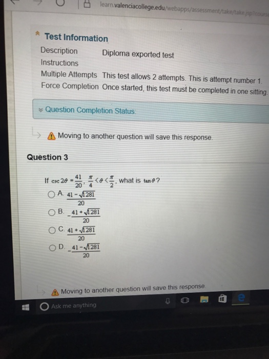 Solved U learn valenciacollege.edu/webapps/assessment/take | Chegg.com