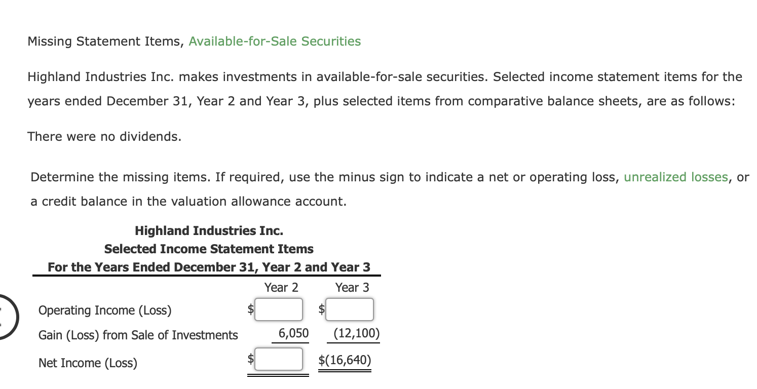 Solved Missing Statement Items, Available-for-Sale | Chegg.com