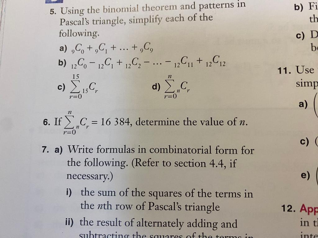 Solved 5. Using the binomial theorem and patterns in | Chegg.com