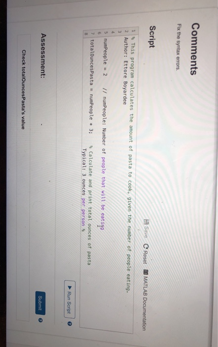 Solved Comments Fix the syntax errors Script Save CReset | Chegg.com