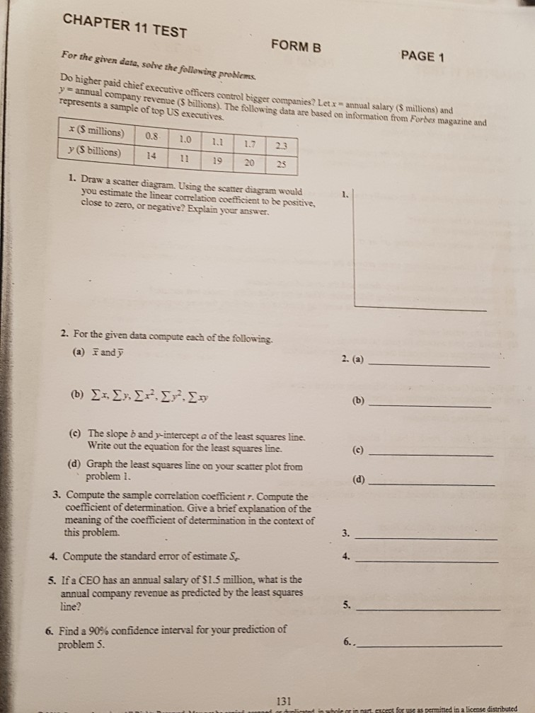 Solved CHAPTER 11 TEST FORM B PAGE 1 For the given data, | Chegg.com