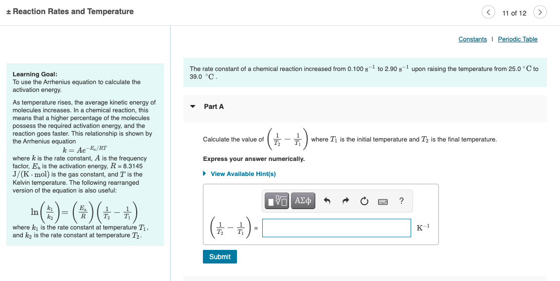Solved +Reaction Rates and Temperature 11 of 12 Constants | Chegg.com