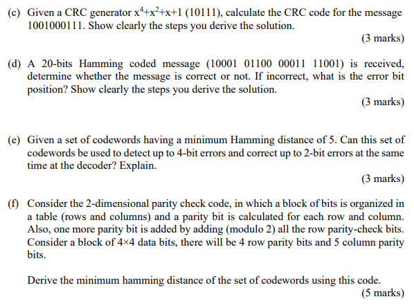 Solved (C) Given a CRC generator x*+x2+x+1 (10111), | Chegg.com