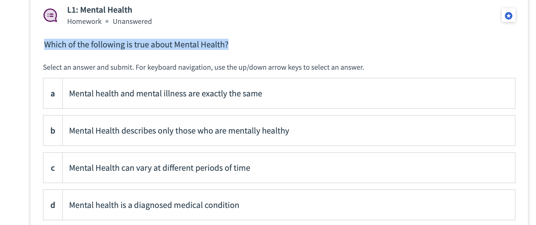 Solved := L1: Mental Health Homework • Unanswered True or | Chegg.com