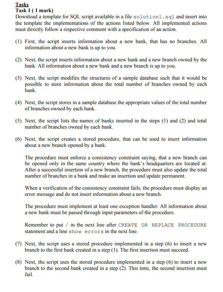 Tasks Task 1 (1 mark) Download a template for SQL | Chegg.com