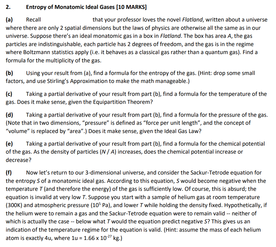 2. Entropy of Monatomic Ideal Gases (10 MARKS] (a) | Chegg.com