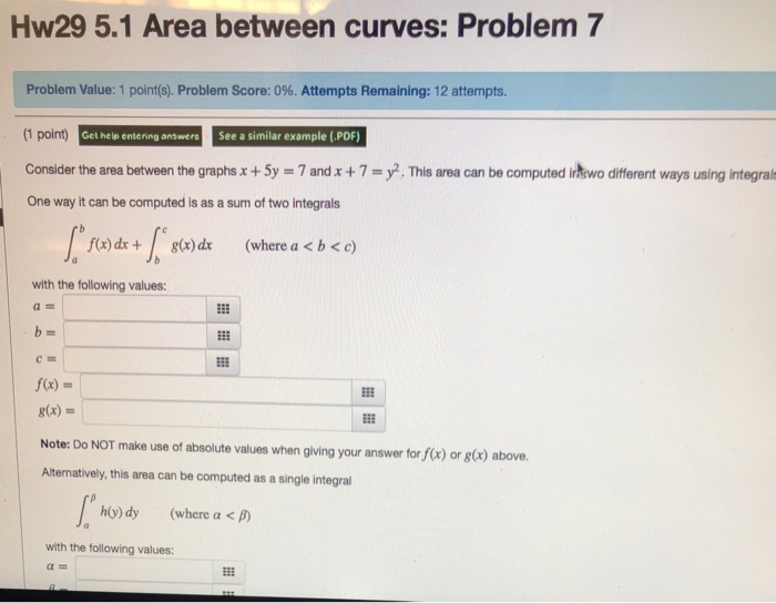 Solved Hw29 5.1 Area between curves: Problem 7 Problem | Chegg.com