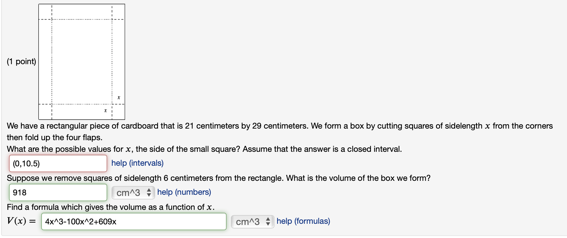 Solved (1 point) X We have a rectangular piece of cardboard | Chegg.com