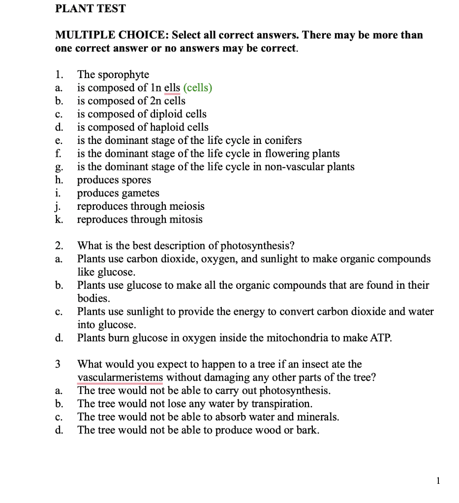 Solved PLANT TEST MULTIPLE CHOICE: Select all correct | Chegg.com