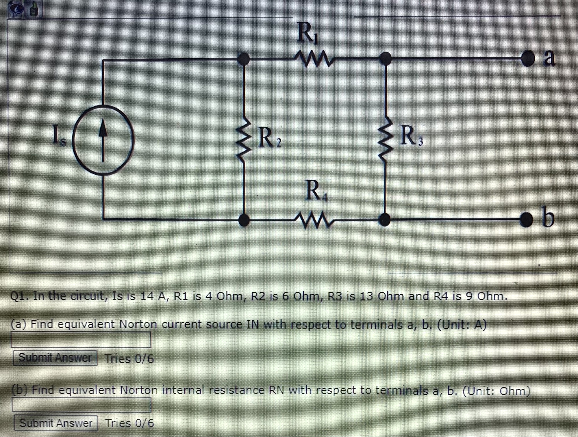 Solved Q1. In the circuit, Is is 14 A, R1 is 4 Ohm, R2 is 6 | Chegg.com