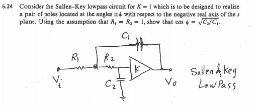 Solved 6.24 Consider the Sallen-Key lowpass circuit for K = | Chegg.com