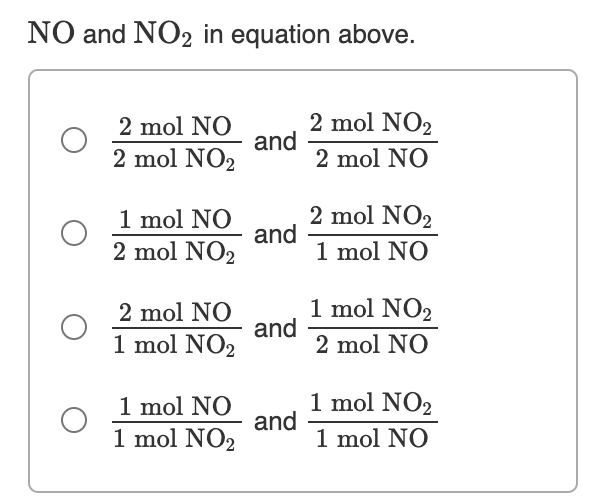 Solved NO and O2 in equation 2NO(g)+O2(g)→2NO2(g).NO and NO2 | Chegg.com