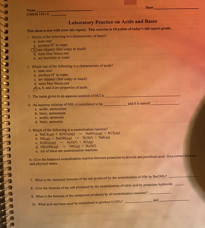 Solved Name Date CHEM 1411 L Laboratory Practice on Acids | Chegg.com