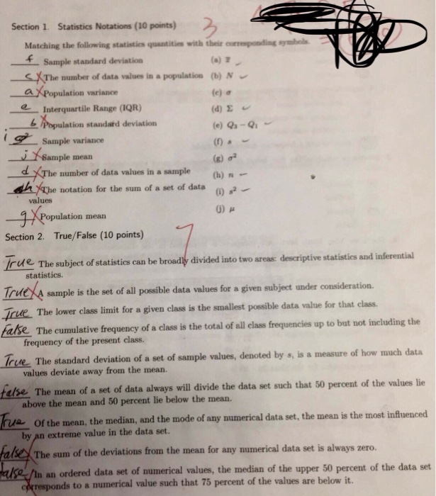 Solved Section 1. Statistics Notations (10 points) Matching | Chegg.com