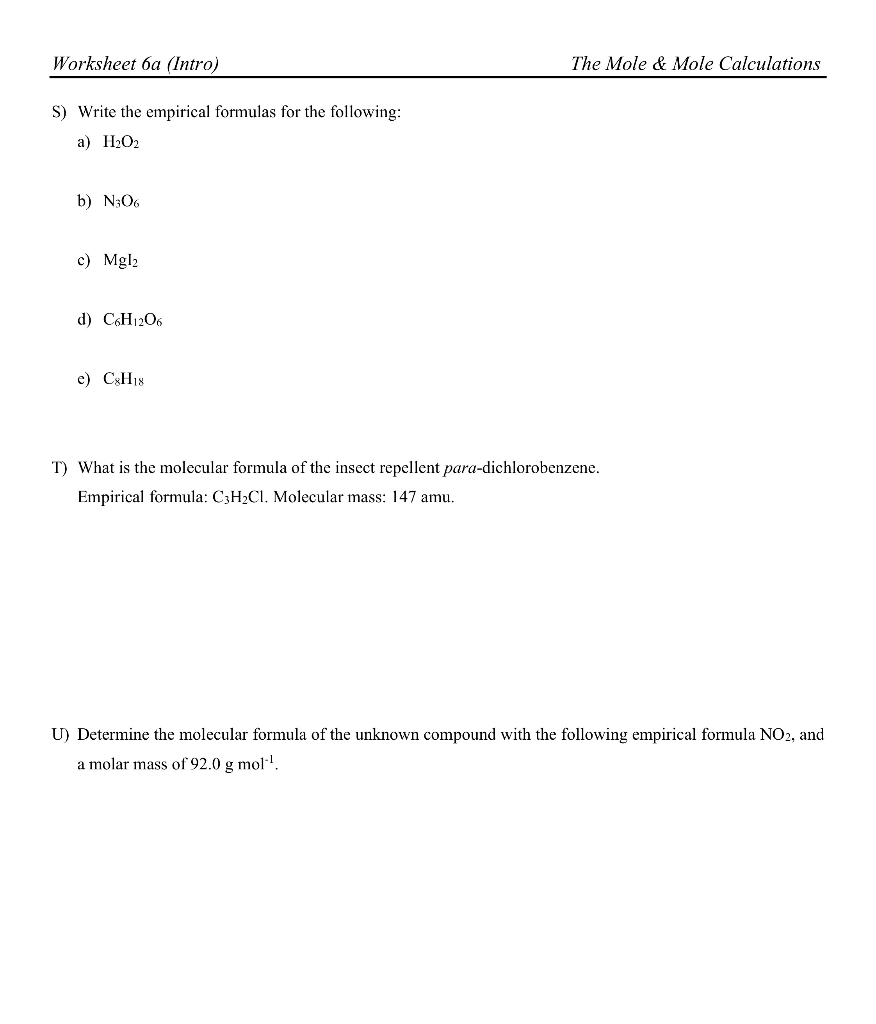 Solved Worksheet 6a (Intro) The Mole & Mole Calculations S) | Chegg.com