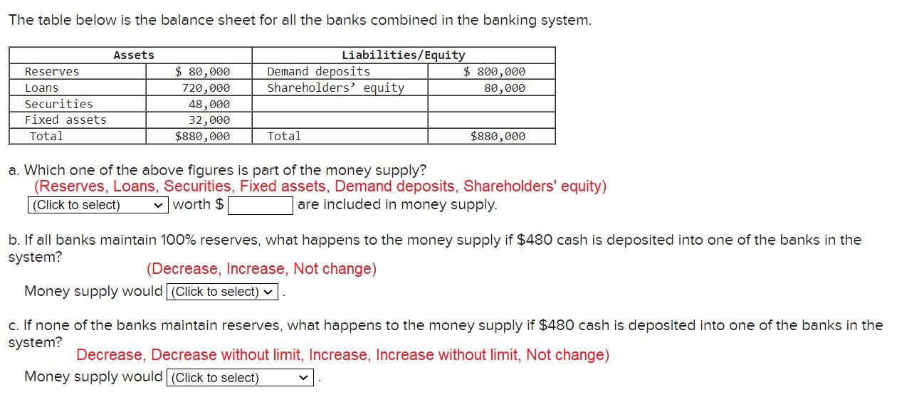 Solved The table below is the balance sheet for all the | Chegg.com