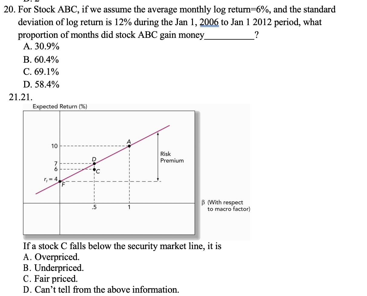Solved 20. For Stock ABC, if we assume the average monthly | Chegg.com