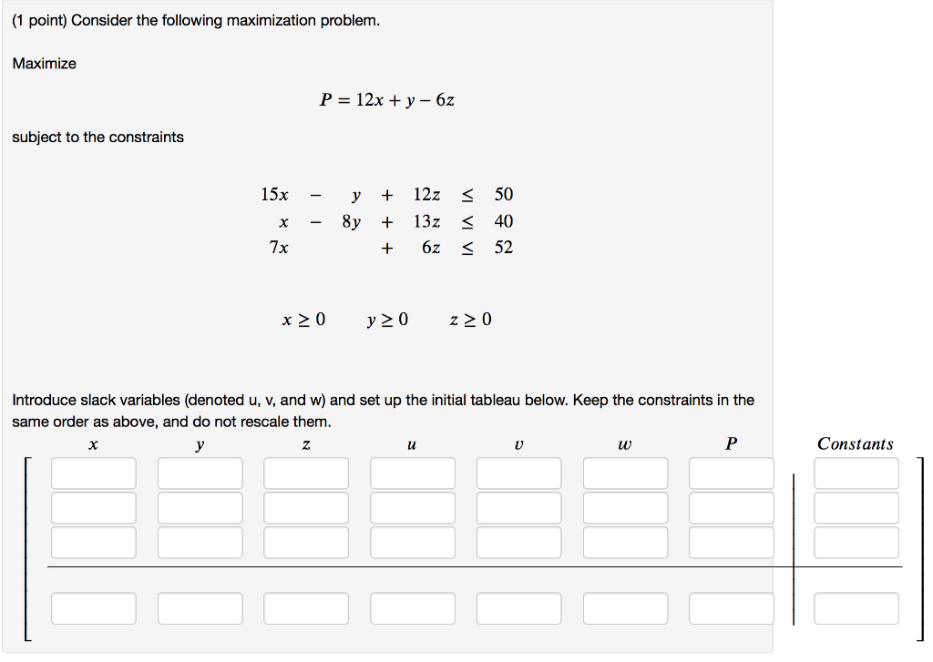 Solved (1 point) Consider the following maximization | Chegg.com