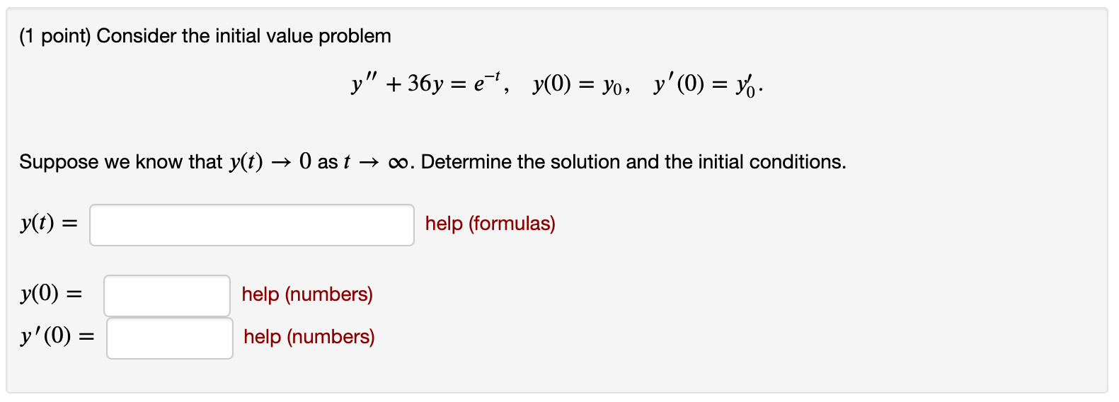Solved Consider the initial value problem 𝑦′′+36𝑦=𝑒−𝑡, | Chegg.com