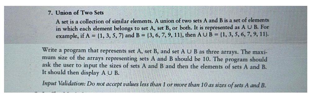 Solved 7. Union of Two Sets A set is a collection of similar | Chegg.com