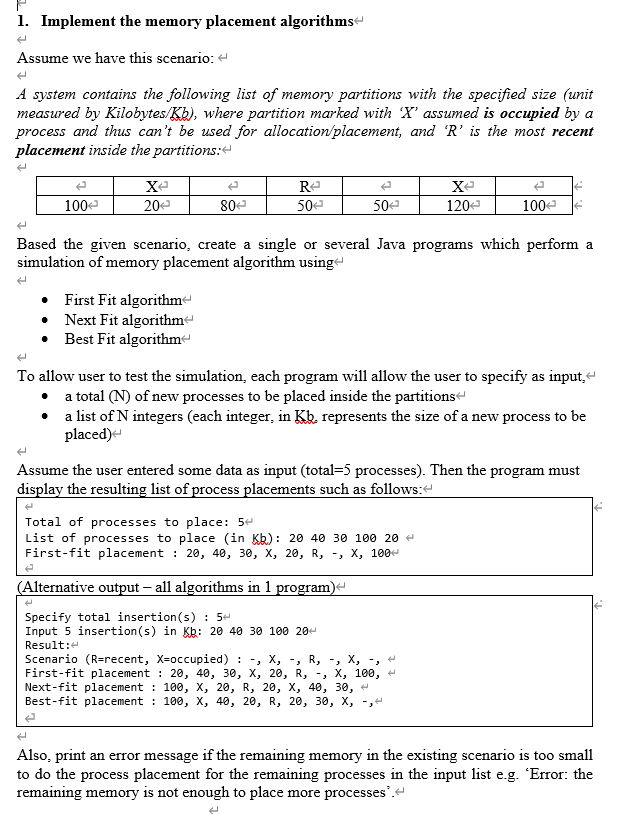 Solved 1. Implement the memory placement algorithms Assume | Chegg.com