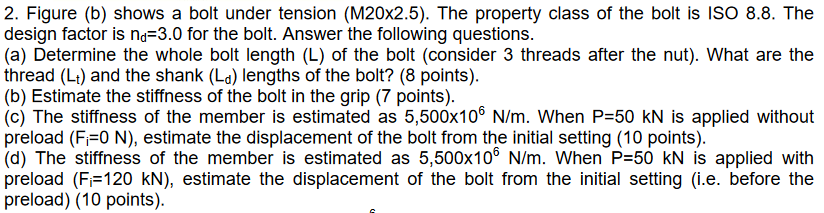 Solved 2. Figure (b) shows a bolt under tension (M20x2.5). | Chegg.com