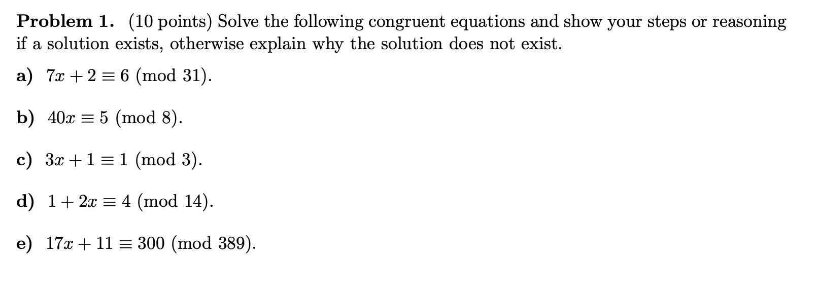 Solved Problem 1. (10 points) Solve the following congruent | Chegg.com