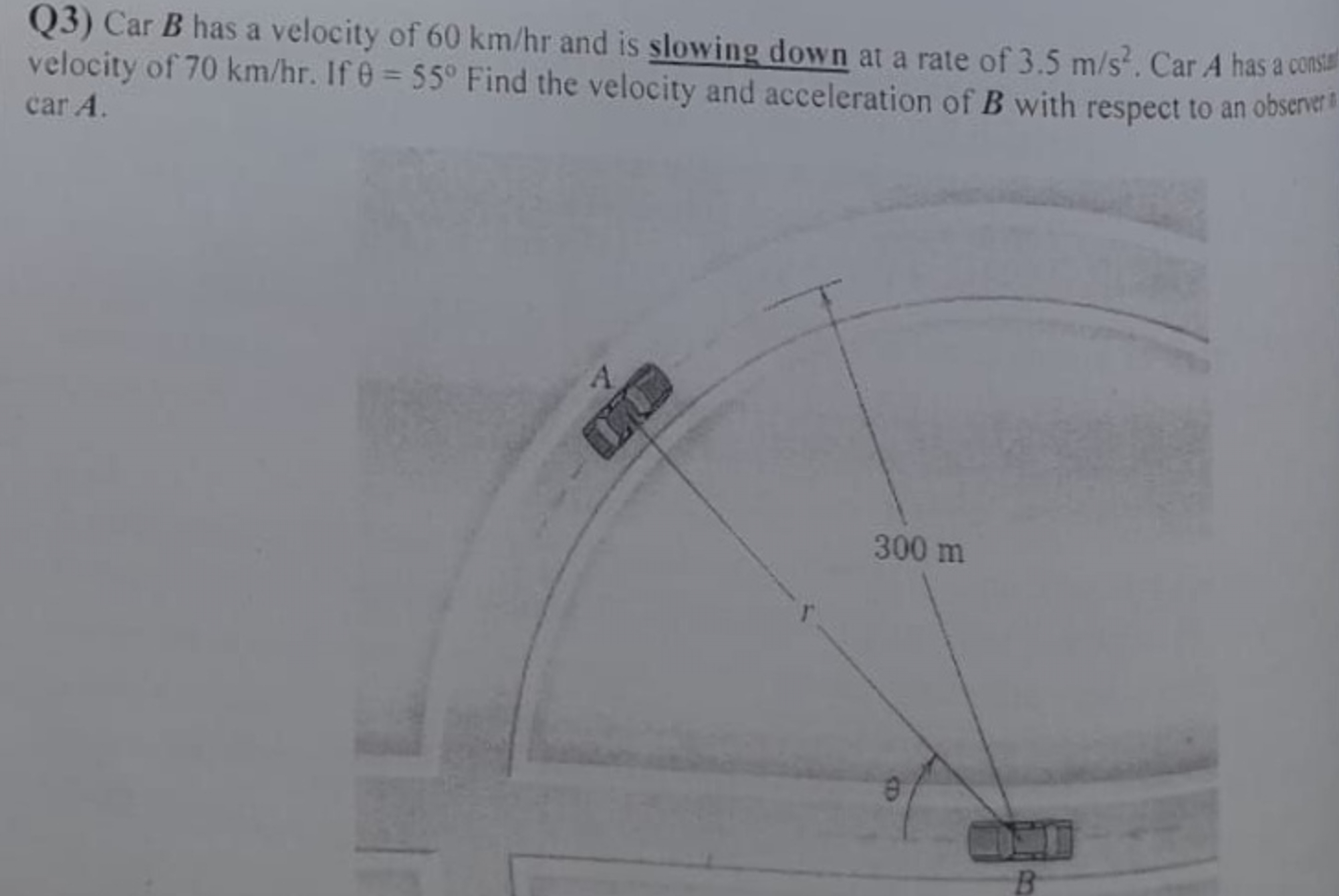 Solved Q3) ﻿Car B ﻿has a velocity of 60kmhr ﻿and is slowing | Chegg.com