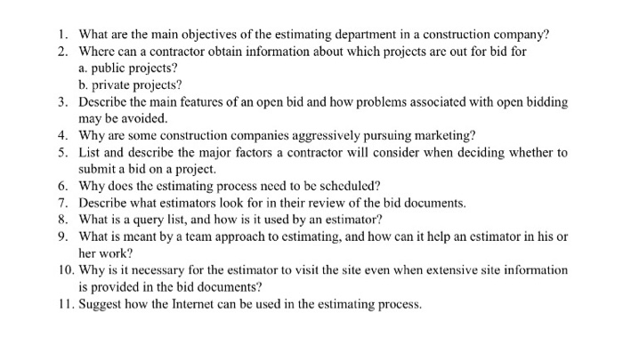 Solved 1. What are the main objectives of the estimating | Chegg.com