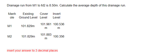 Solved Drainage run from M1 to M2 is 8.50 m. Calculate the | Chegg.com