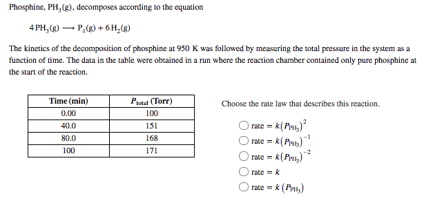 Solved Phosphine, PH,(g), decomposes according to the | Chegg.com