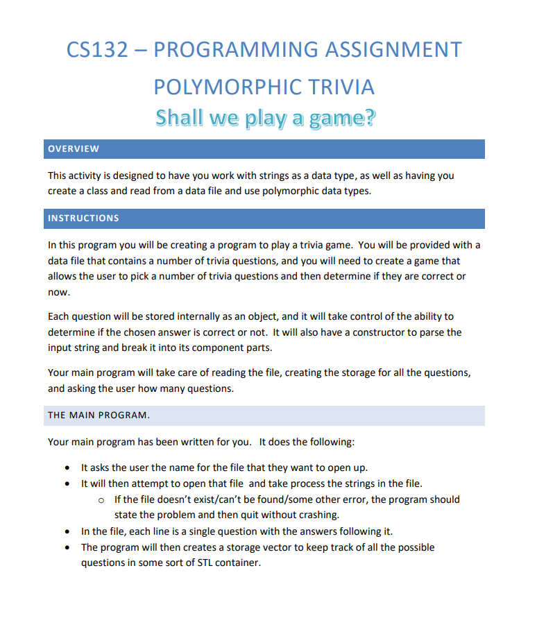 Solved CS132 - PROGRAMMING ASSIGNMENT POLYMORPHIC TRIVIA | Chegg.com