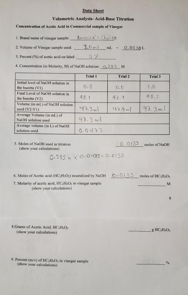 Solved Data Sheet Volumetric Analysis- Acid-Base Titration | Chegg.com