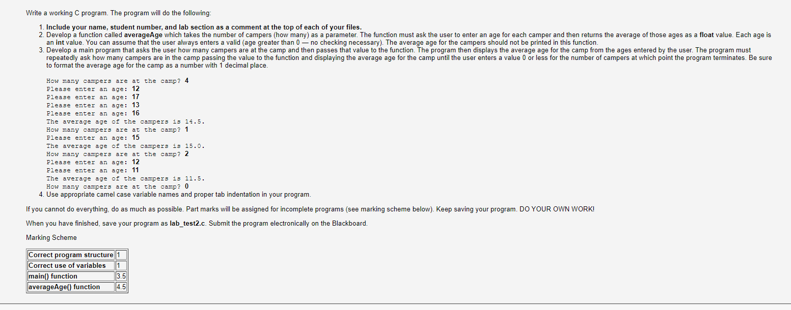 Solved Write a working C program. The program will do the | Chegg.com