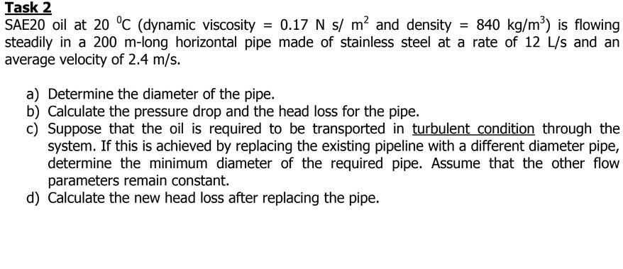 Solved SAE20 oil at 20∘C (dynamic viscosity =0.17 N s/m2 and | Chegg.com