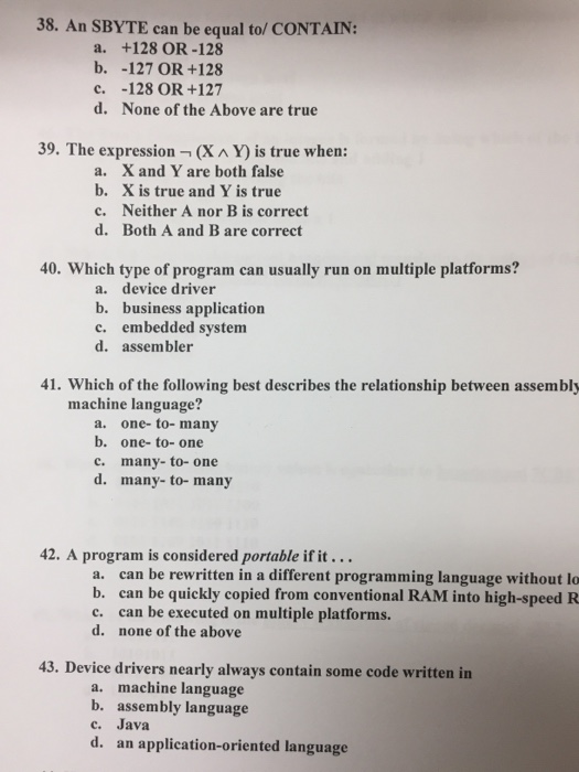Solved 38. An SBYTE can be equal to/ CONTAIN: a. +128 OR | Chegg.com