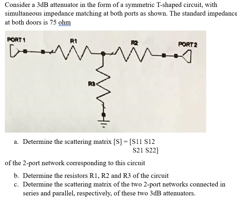 Solved Consider a 3 dB attenuator in the form of a symmetric | Chegg.com