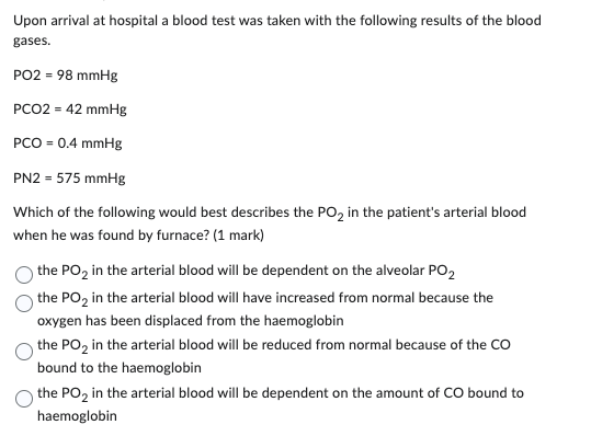 Solved Upon arrival at hospital a blood test was taken with | Chegg.com