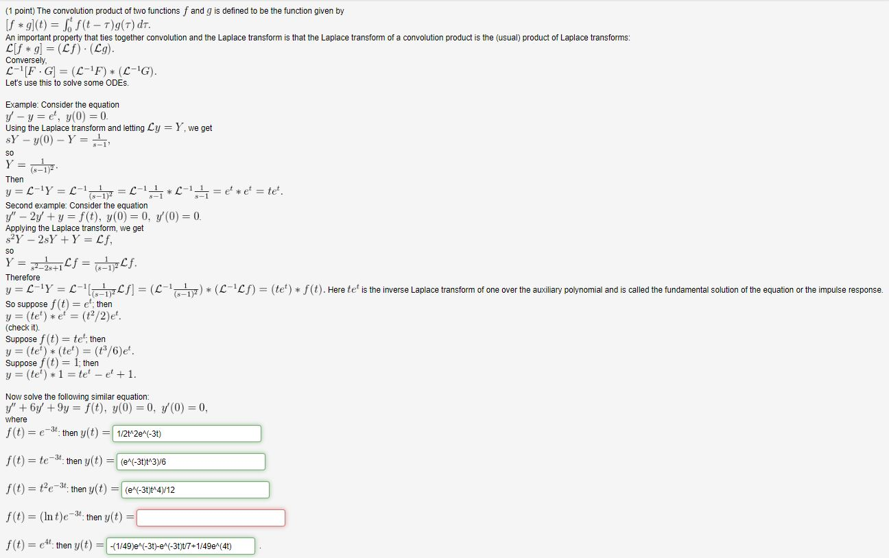 Solved (1 point) The convolution product of two functions f | Chegg.com