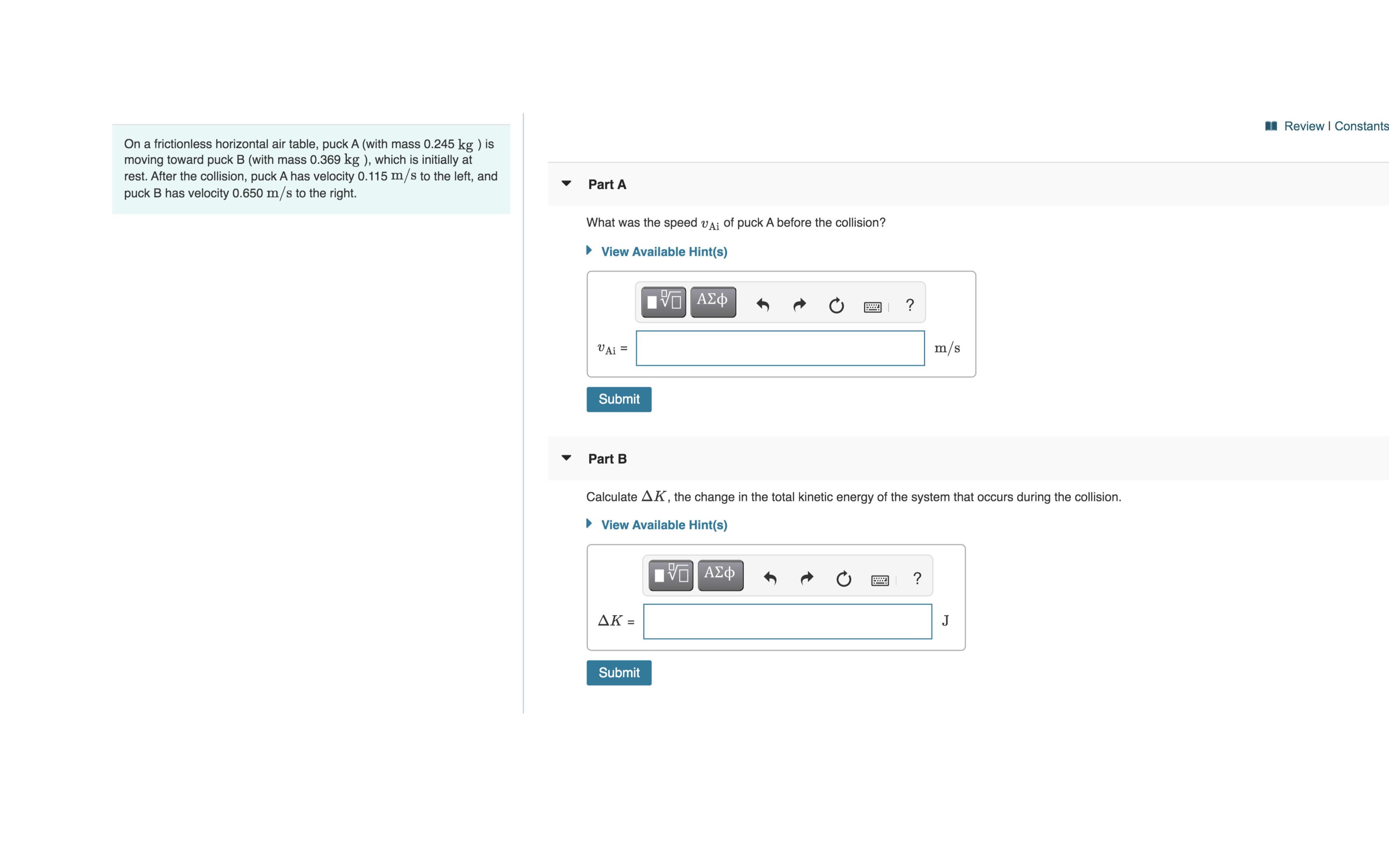 Solved Review | Constants On a frictionless horizontal air | Chegg.com