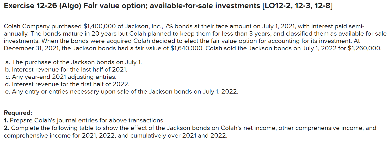 Solved Exercise 12-26 (Algo) Fair value option; | Chegg.com